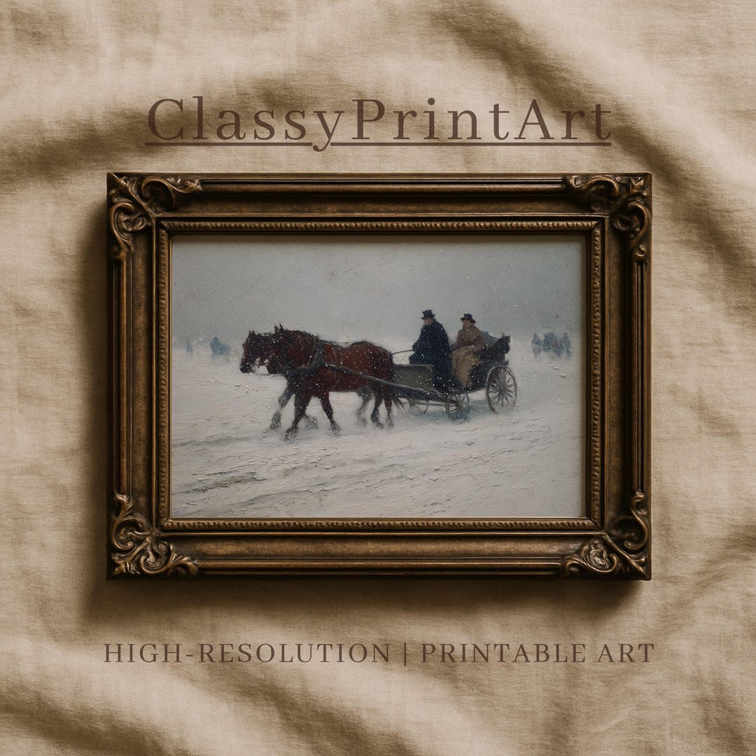 Vintage Horse Sleigh Antique Oil Painting Winter Landscape Victorian ...