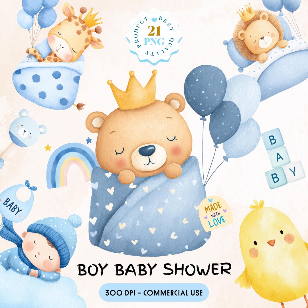 Blue Baby Animals Clipart Bundle: Boy Baby Shower Decorations (PNG ...