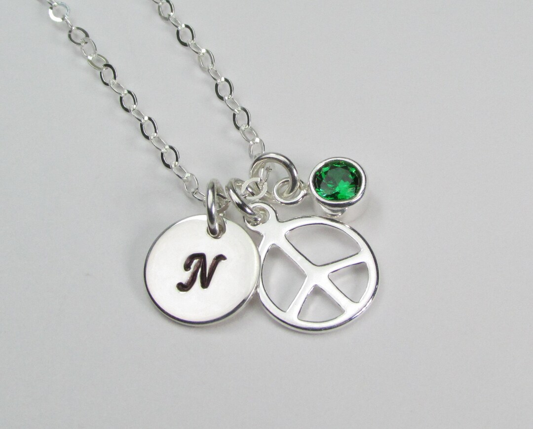 Peace Sign Necklace Sterling Silver Birthstone Initial Necklace ...