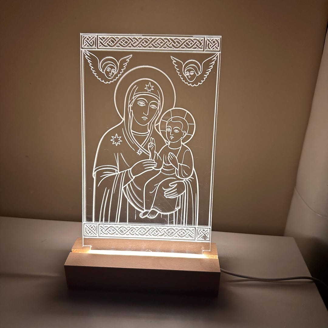 Ethiopian Orthodox St. Mary Lamp – Acrylic Icon, Wood Base, LED Light ...