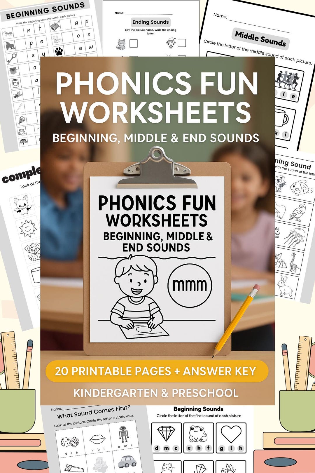 Phonics Worksheets: Beginning, Middle & End Sounds - Kindergarten ...