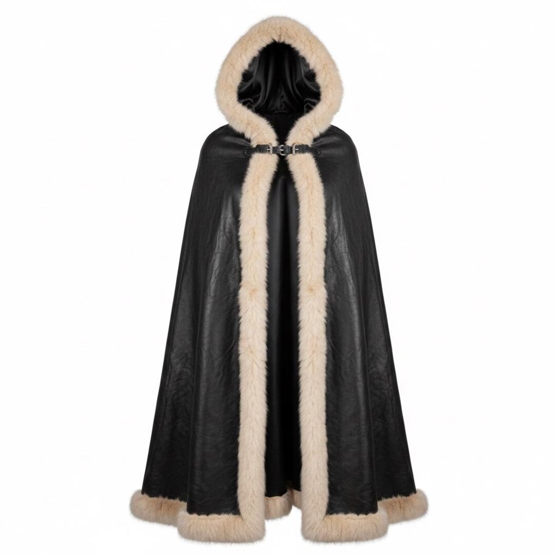 Black Leather Hooded Cloak With Faux Fur Outline – Medieval, Viking ...