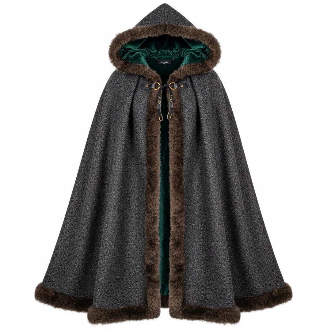 Ironwood Hooded Wool Cloak With Faux Fur Trim – Medieval Winter Fantasy ...