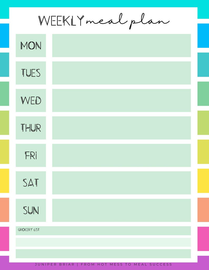 Rainbow Weekly Meal Planner: Color-coded Grocery List (PDF Download ...