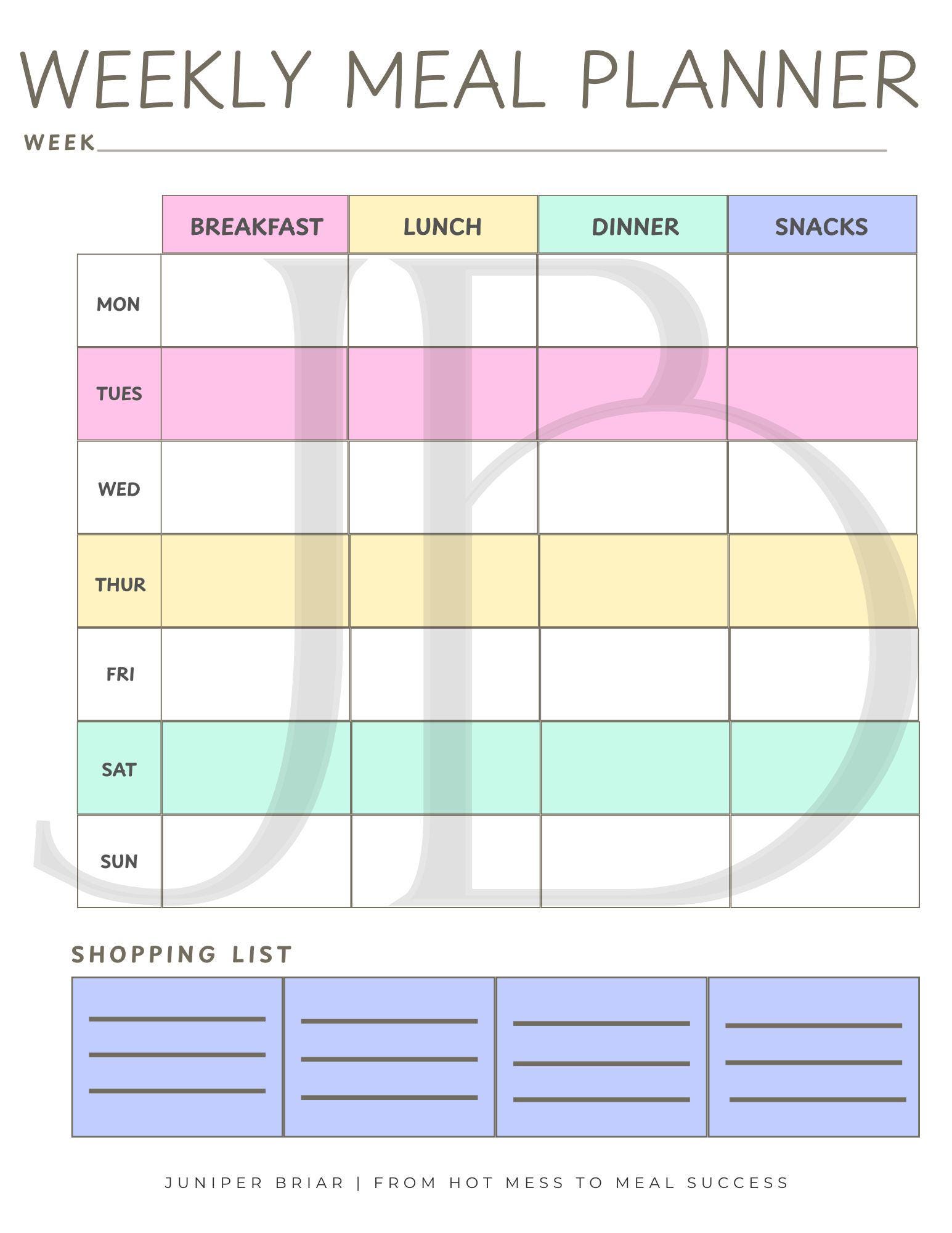 Pastel Weekly Meal Planner: Printable Food Log & Grocery List (PDF ...