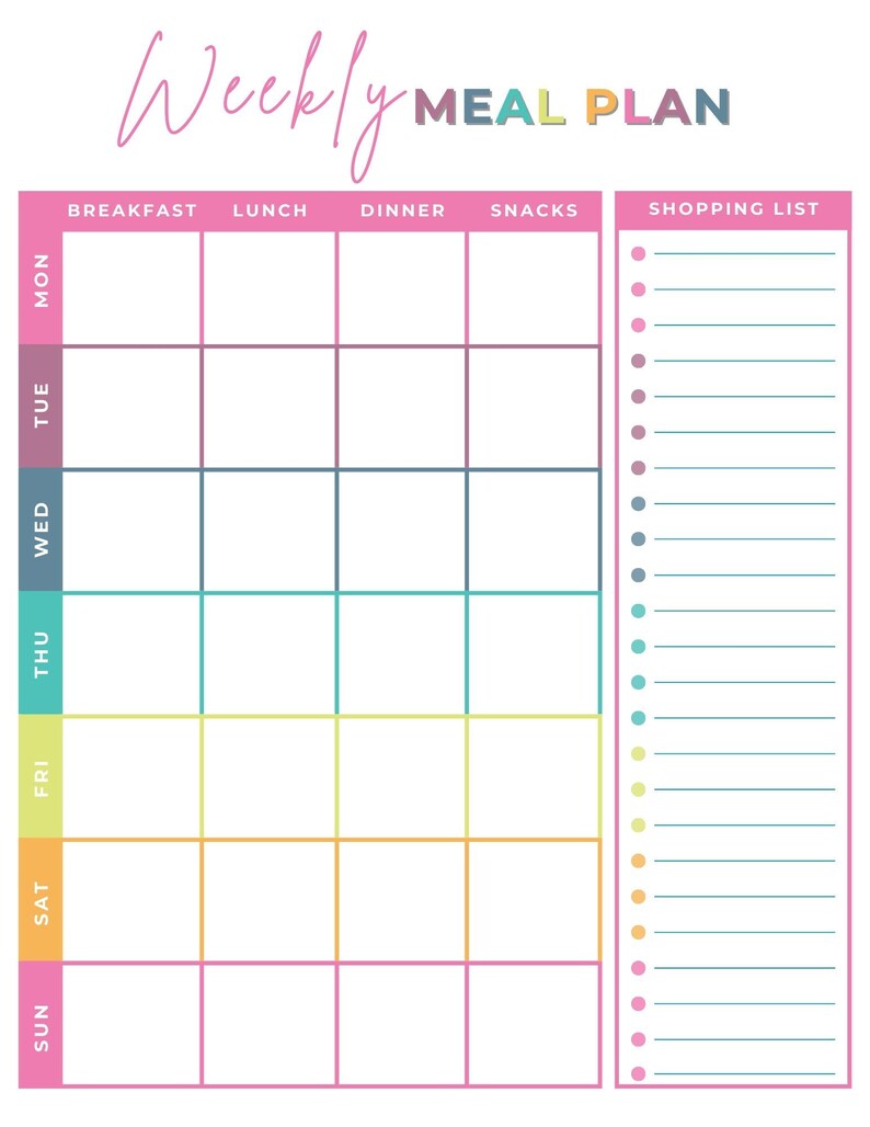 Rainbow Weekly Meal Planner: Printable DIY Shopping List (PDF Download ...