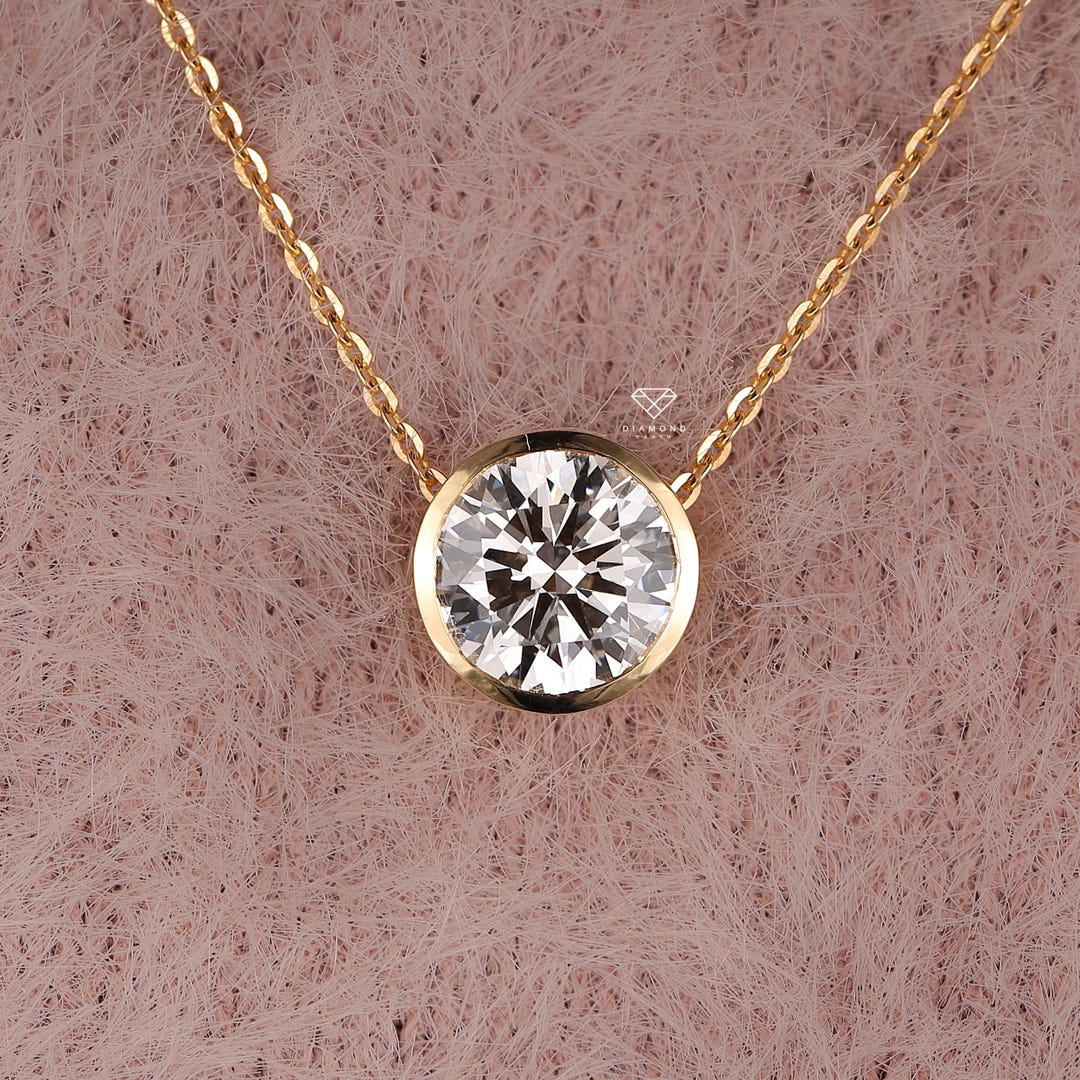 Lab Grown Diamond Bezel Necklace – 14k Gold Solitaire Pendant - Etsy
