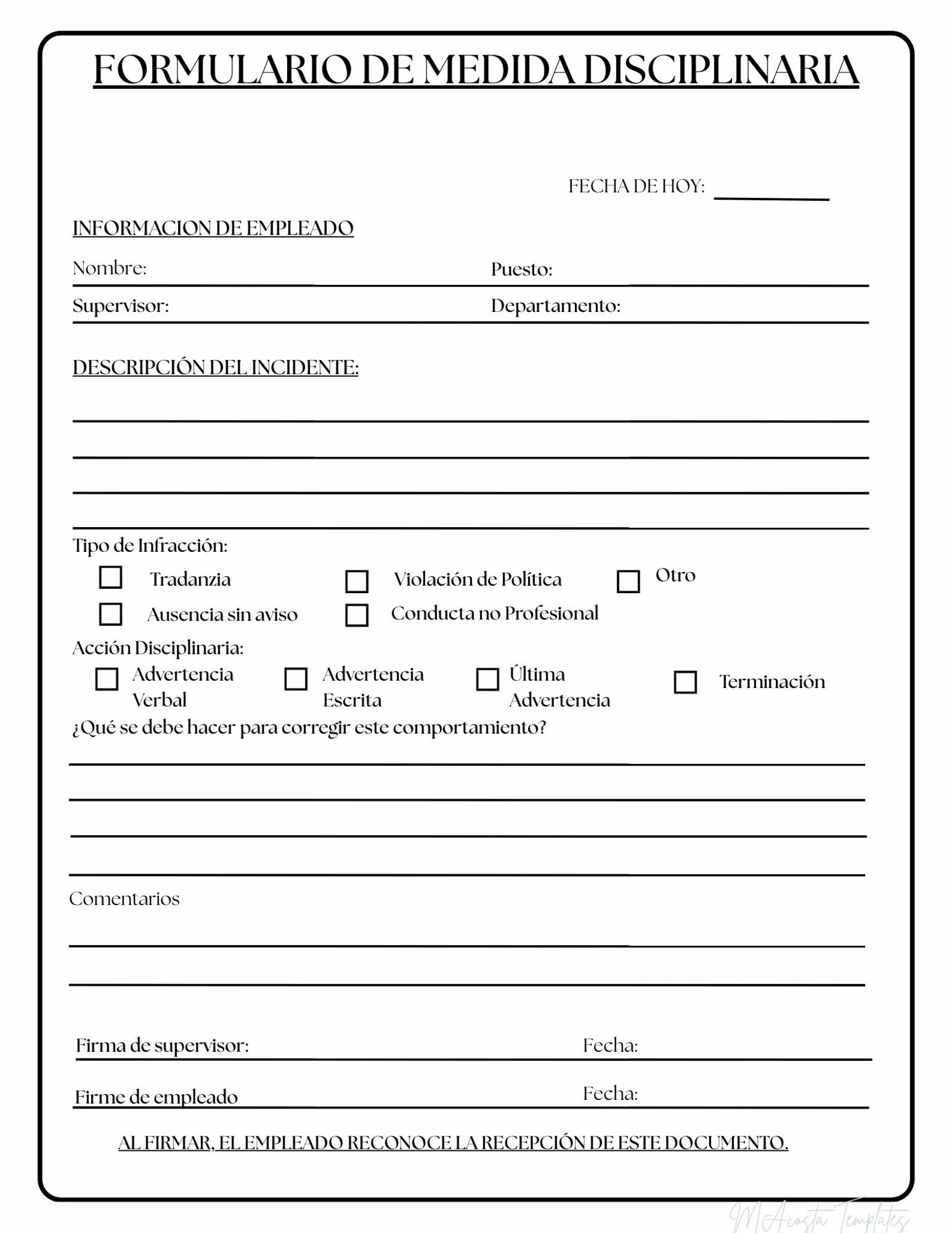 Bilingual Employee Write-up Form | Disciplinary Action Template ...