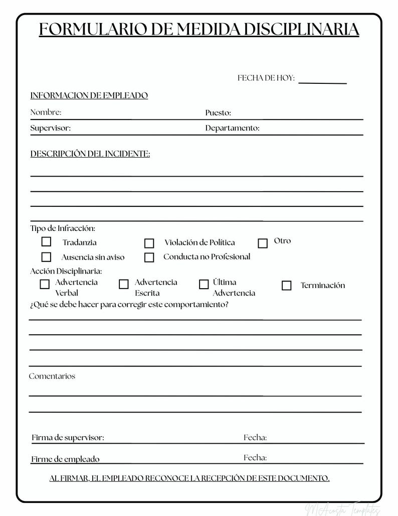 Bilingual Employee Write-up Form | Disciplinary Action Template ...