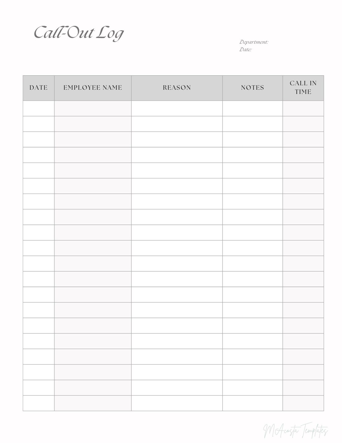 Bilingual Employee Call-out Log. Perfect for Small Businesses, HR Managers, and Dispatch ...