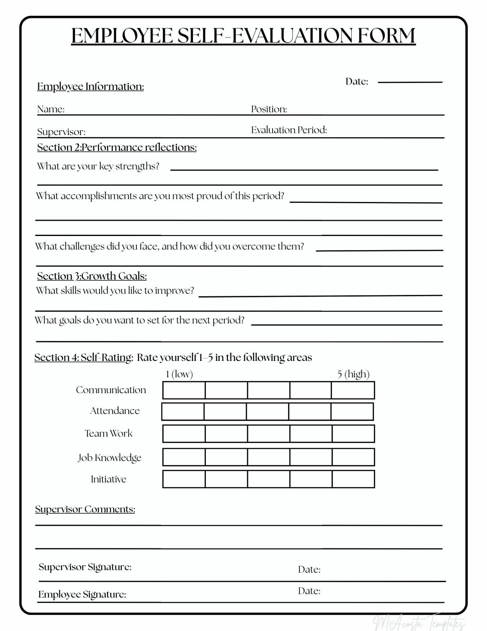 Bilingual Employee Self-evaluation Form | Printable HR Template ...