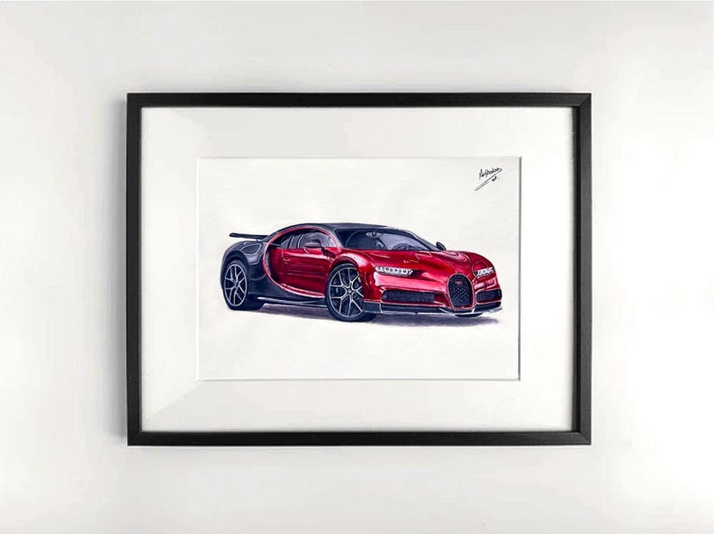 Red Bugatti Chiron on A4 Paper - Acrylic Paint | A4–29x21 Cm | Car Wall ...