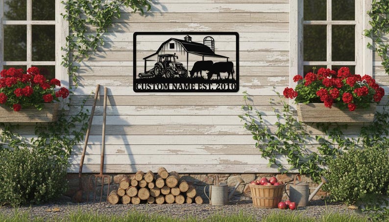 Custom Farm Metal Sign With Tractor & Cows – Personalized Metal Wall ...