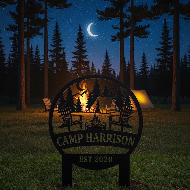 Custom Metal Campfire Sign With Stakes, Personalized Cabin Sign, Camp ...