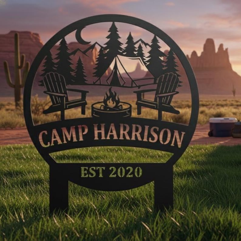 Custom Metal Campfire Sign With Stakes, Personalized Cabin Sign, Camp ...