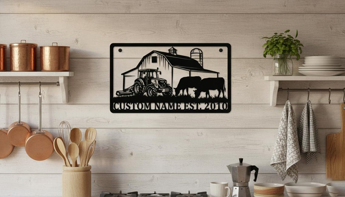 Custom Farm Metal Sign With Tractor & Cows – Personalized Metal Wall ...