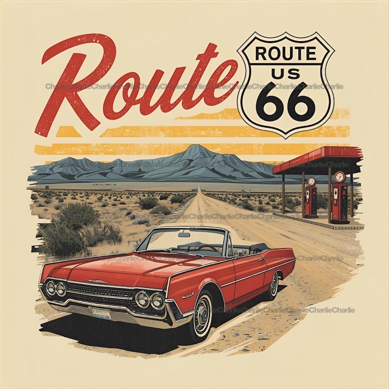 Vintage Route 66 PNG: Classic Car Road Trip Sublimation Design (digital ...