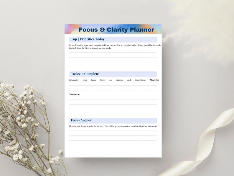 Focus & Clarity Daily Planner | Printable Productivity Worksheet ...