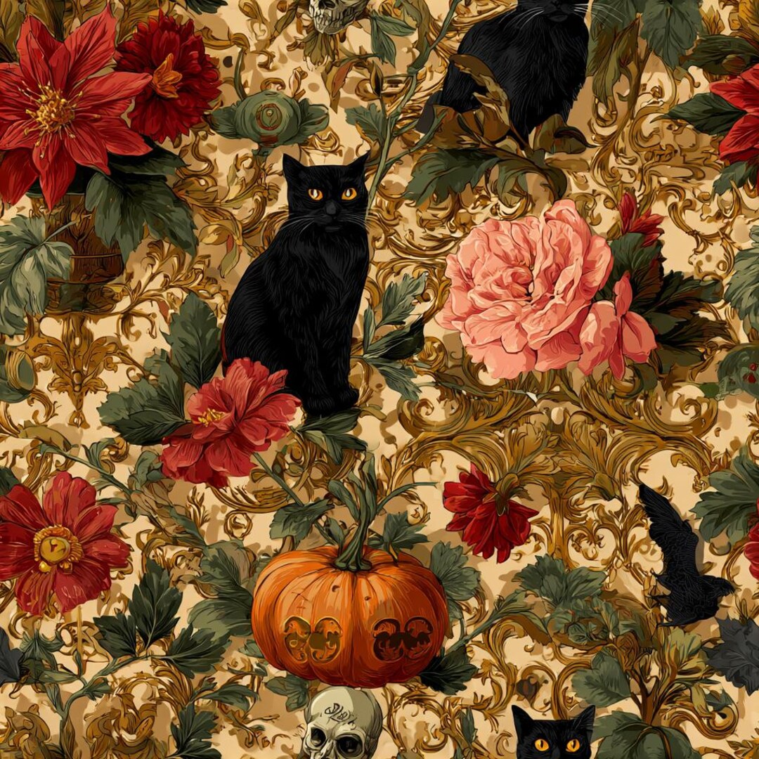 Vintage Halloween Seamless Pattern – Baroque Black Cats, Skulls ...