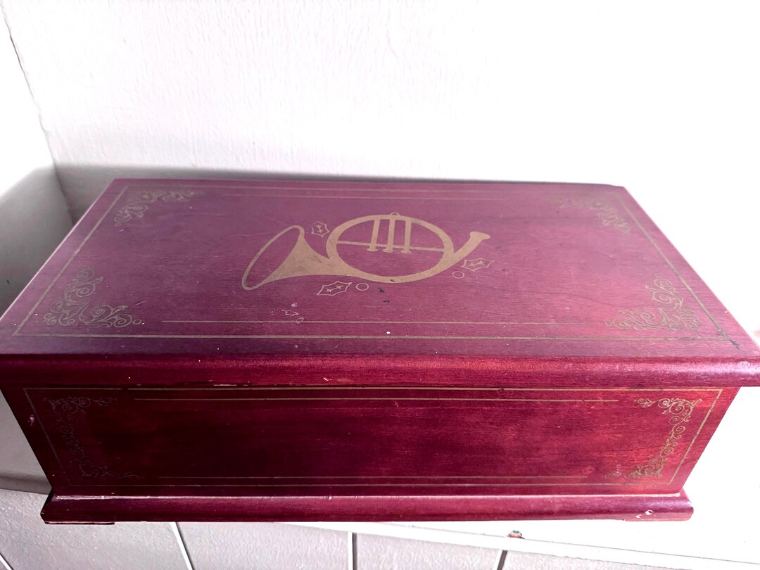 Vintage Maroon Wooden Musical Jewelry Box | Gold French Horn Design ...