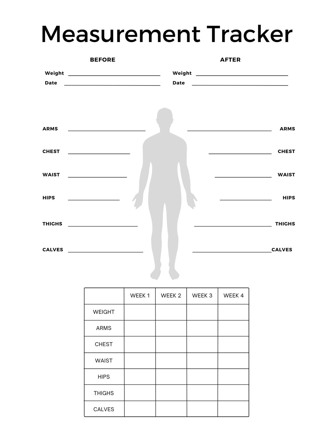 Weight Loss Body Measurements Tracker, 4 Week Body Transformation ...