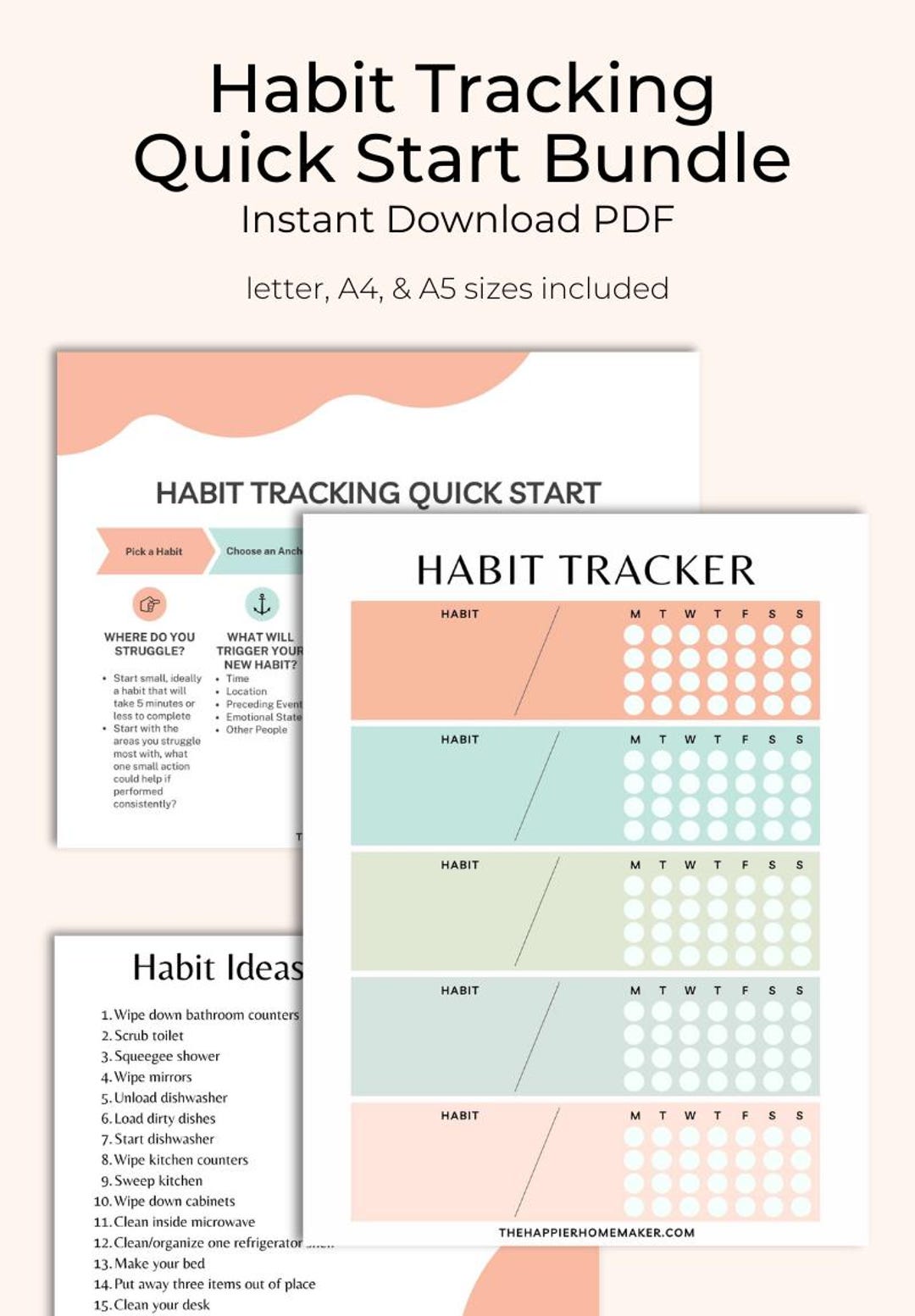 Habit Tracking Bundle Printable, Habit Tracker Sheet, Quick Start Guide ...