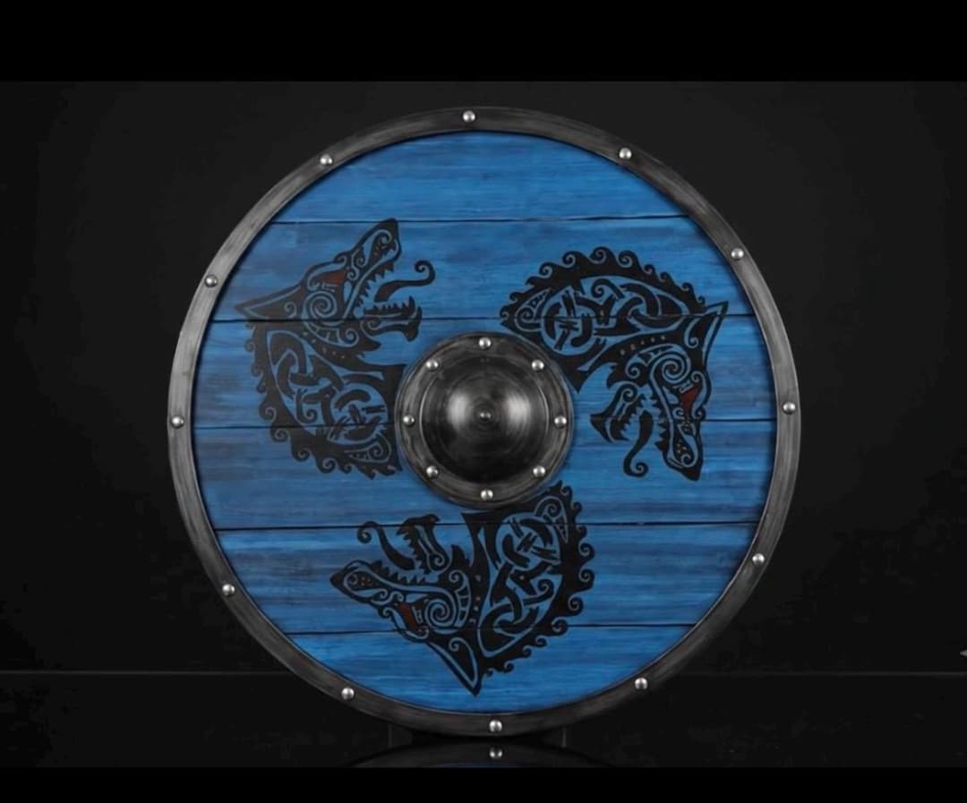 Handmade Viking Wolf Shield, Blue Wooden Round Norse Warrior Decor - Etsy