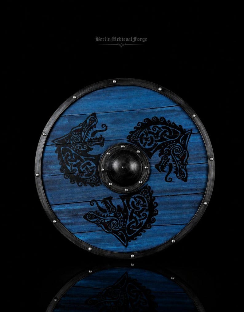 Handmade Viking Wolf Shield, Blue Wooden Round Norse Warrior Decor - Etsy