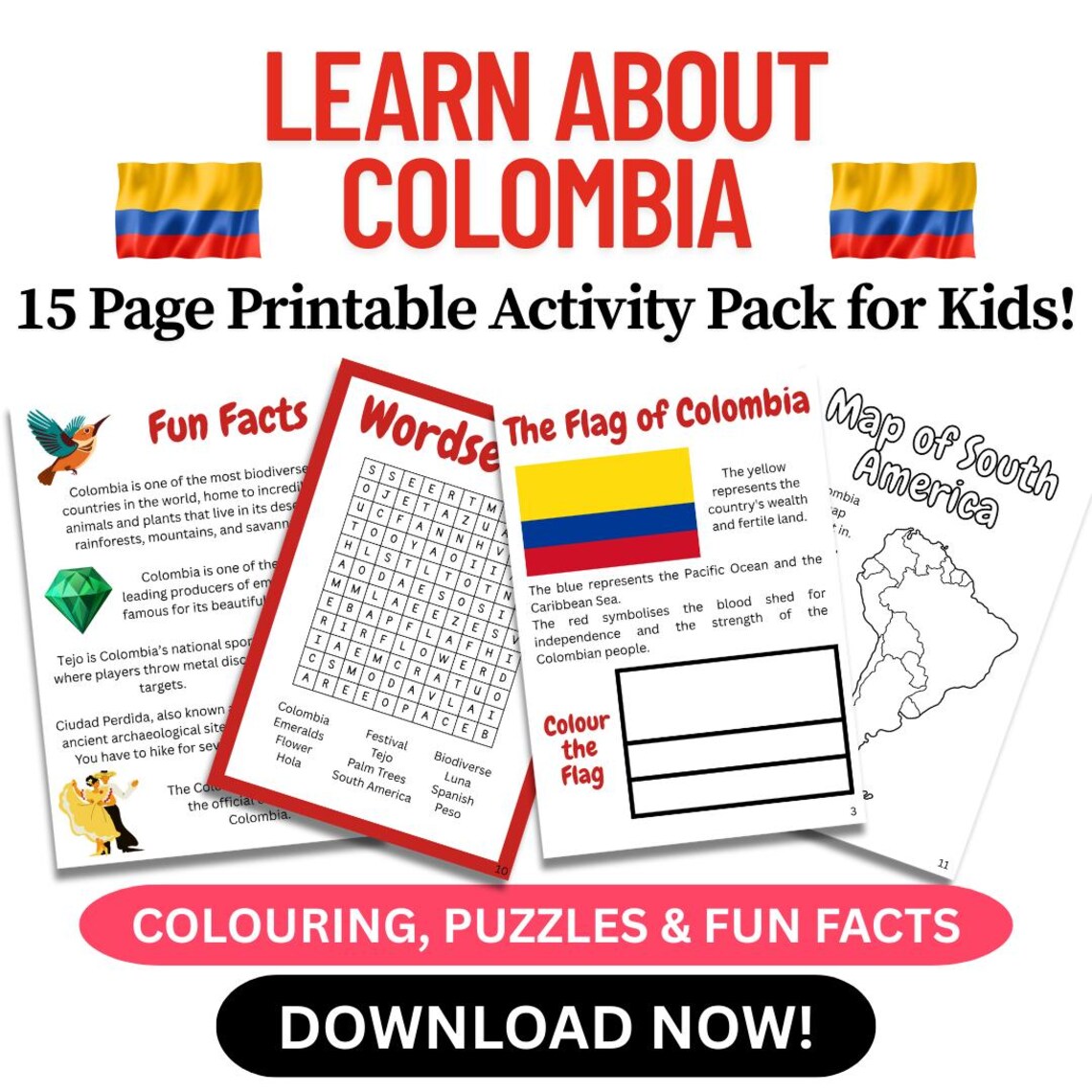 Colombia Printable Activity Pack for Kids Ages 5–10 | Educational ...