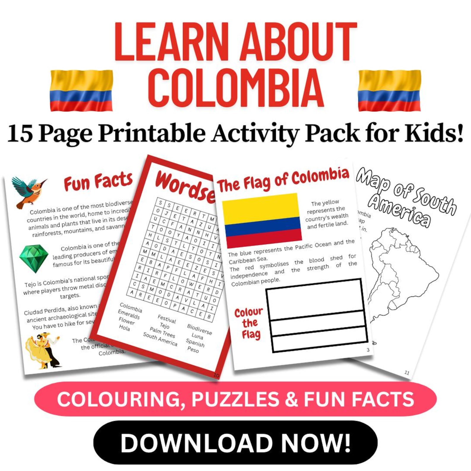 Colombia Printable Activity Pack for Kids Ages 5–10 | Educational ...