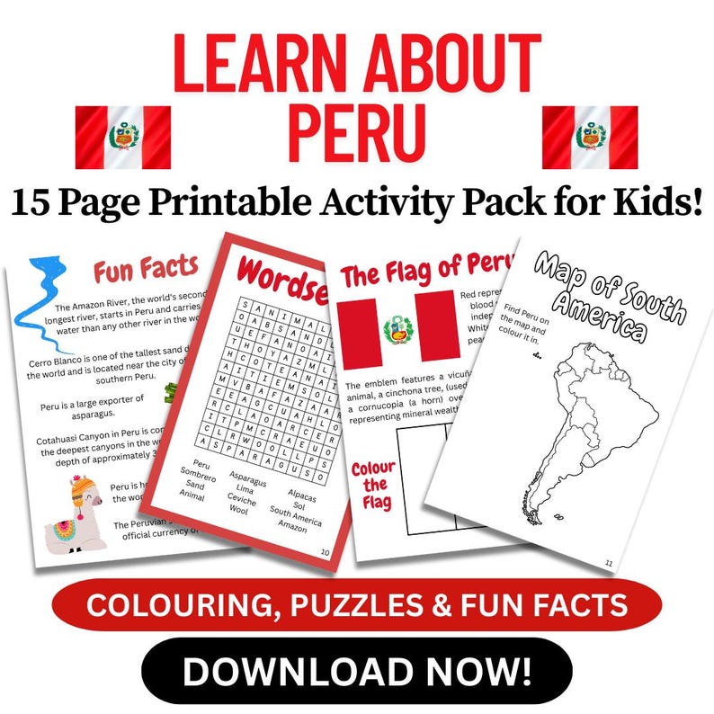 Peru Printable Activity Pack for Kids Ages 5–10 | Educational ...