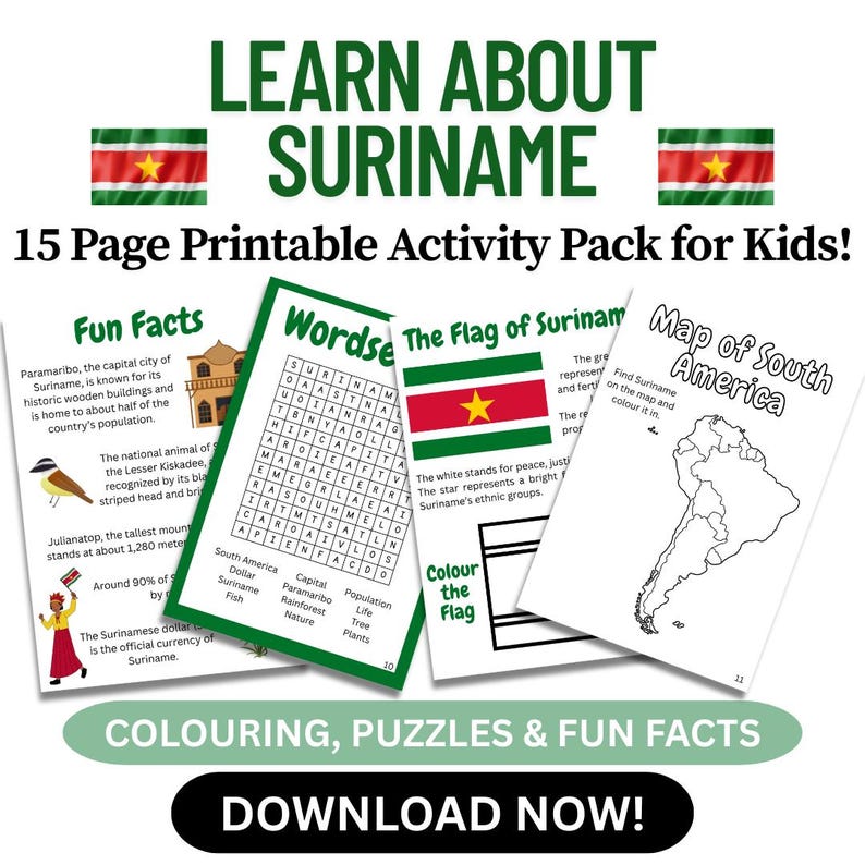 Suriname Printable Activity Pack for Kids Ages 5–10 | Educational ...