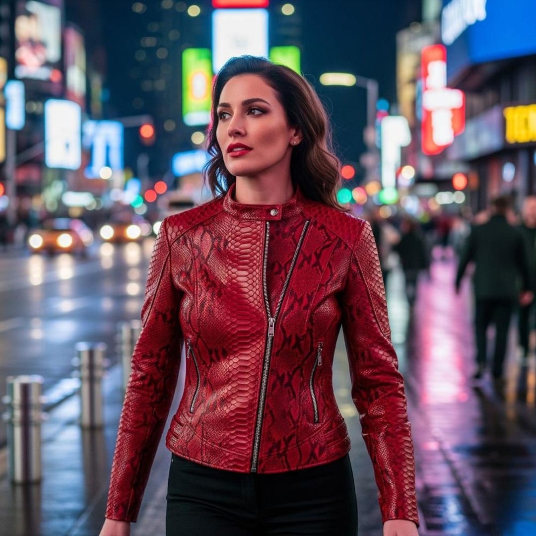 Red Snake Print Leather Biker Jacket Women Lightweight Outerwear - Etsy