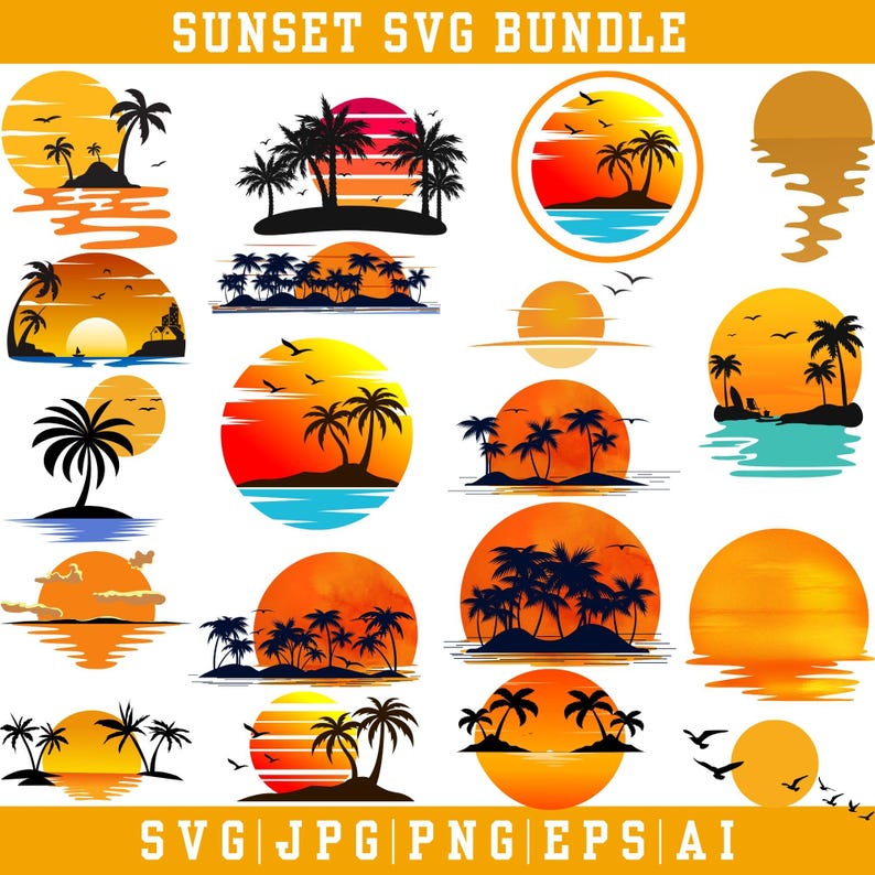 Retro Sunset SVG Clipart | Palm Tree Beach Scene (digital Download) - Etsy
