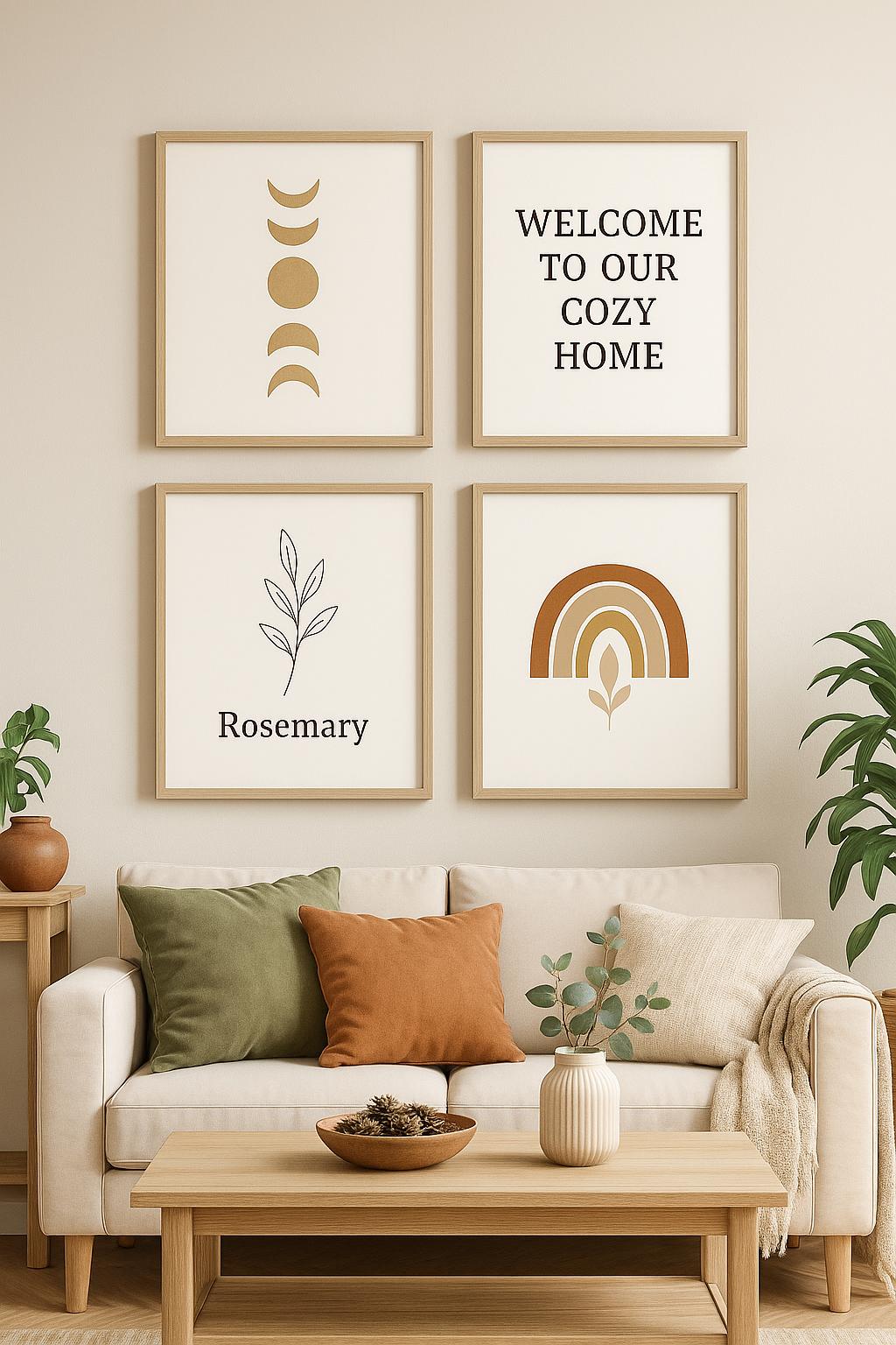 Boho Printable Wall Art Set – 5 Neutral Earth Tone Prints, Moon Phases ...