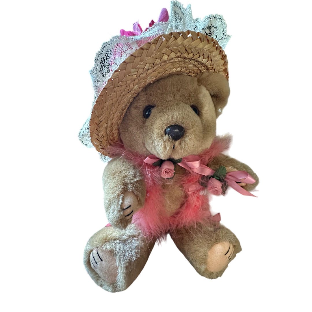 Bearly People Decorative Teddy Bear With Pink Feather Boa & Straw Hat ...