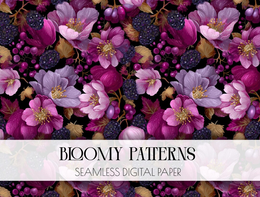 Blackberry and Flowers Digital Paper, Fruit Pattern, Wild Abstract ...