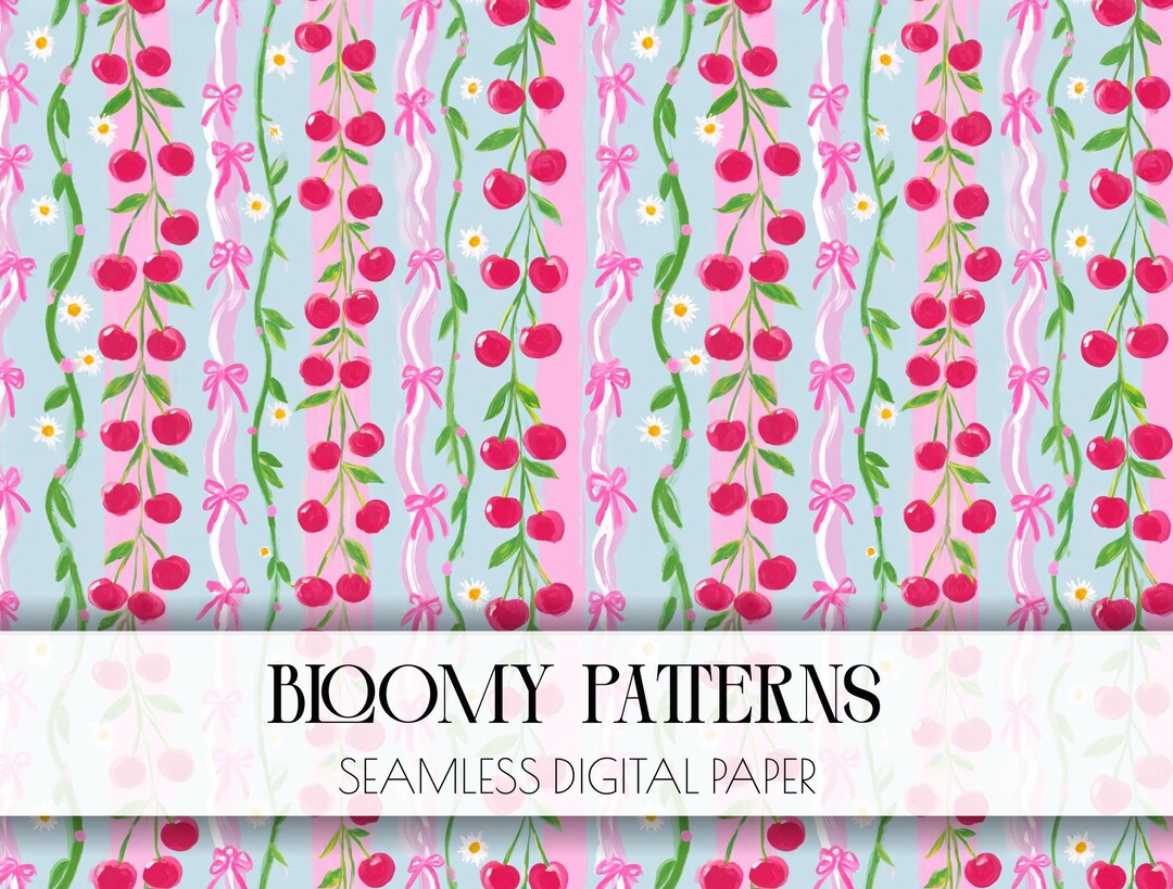 Coquette Cherries, Stripe, Digital Paper, Cherry Blossom Pattern ...
