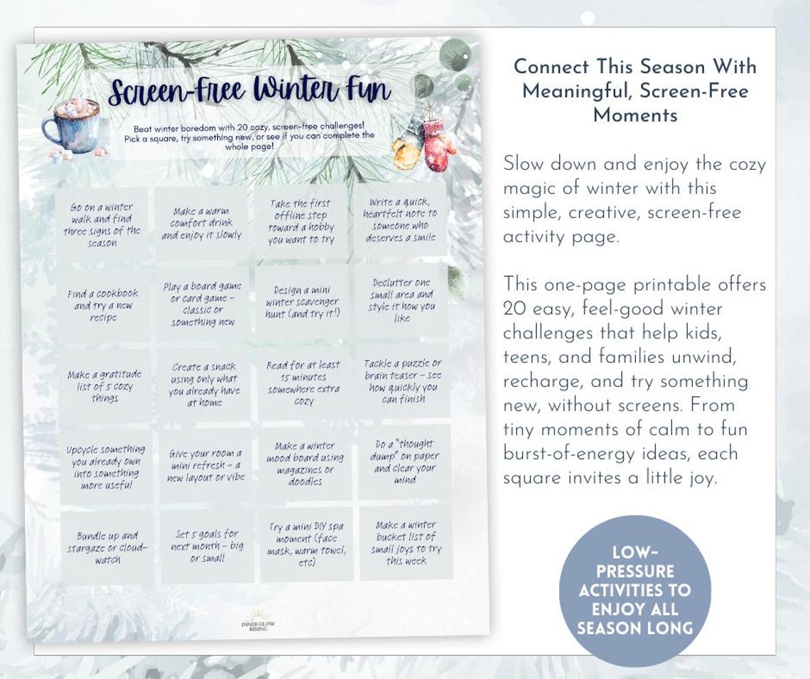 Screen-free Winter Fun Printable • 20 Cozy Activities for Kids, Teens ...