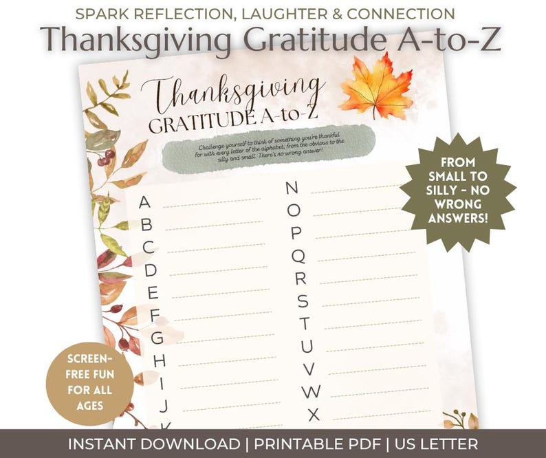 Thanksgiving Gratitude A-to-z Printable | Gratitude Activity for Kids ...