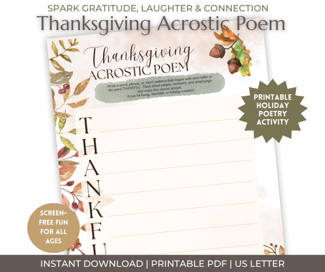 Thanksgiving Acrostic Poem Printable | Gratitude Writing Activity for ...