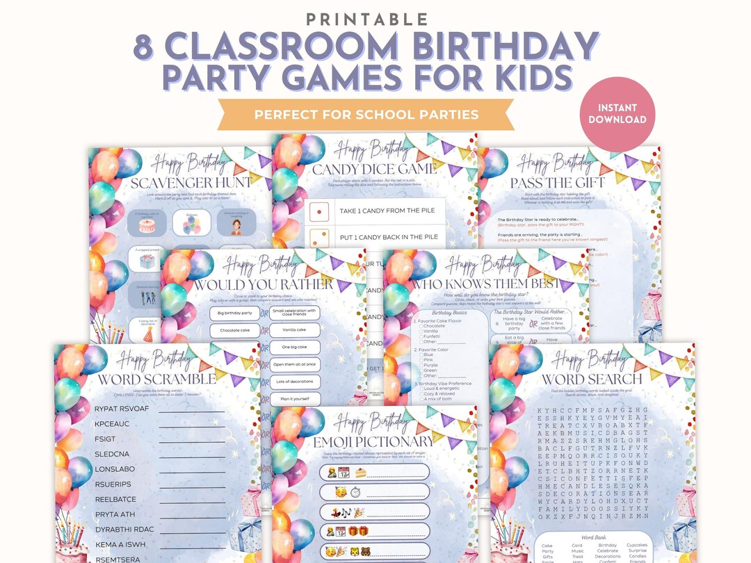 Classroom Birthday Games for Kids, Printable School Party Activities ...