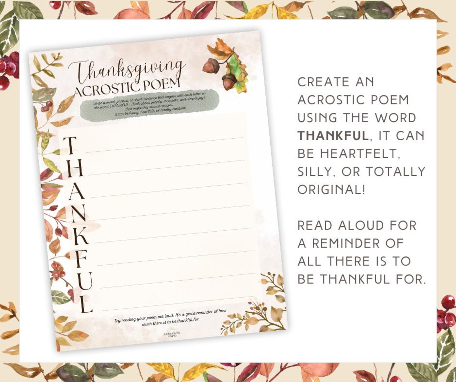Thanksgiving Acrostic Poem Printable | Gratitude Writing Activity for ...