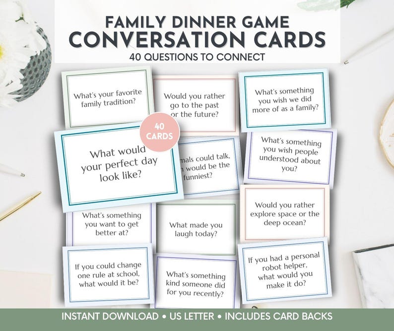 Family Dinner Conversation Cards Printable, Kids & Parents Table Talk ...