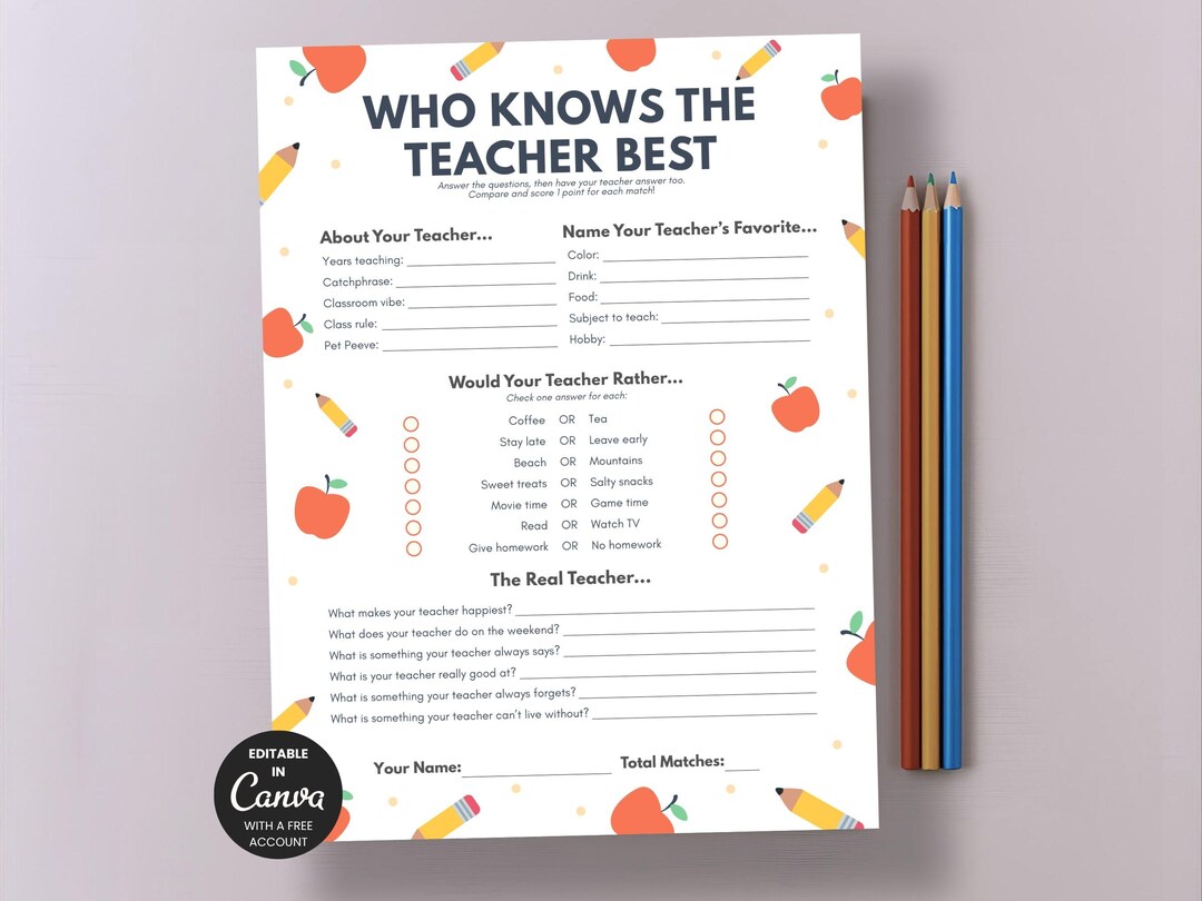 Who Knows the Teacher Best Game Printable, End of Year Classroom ...