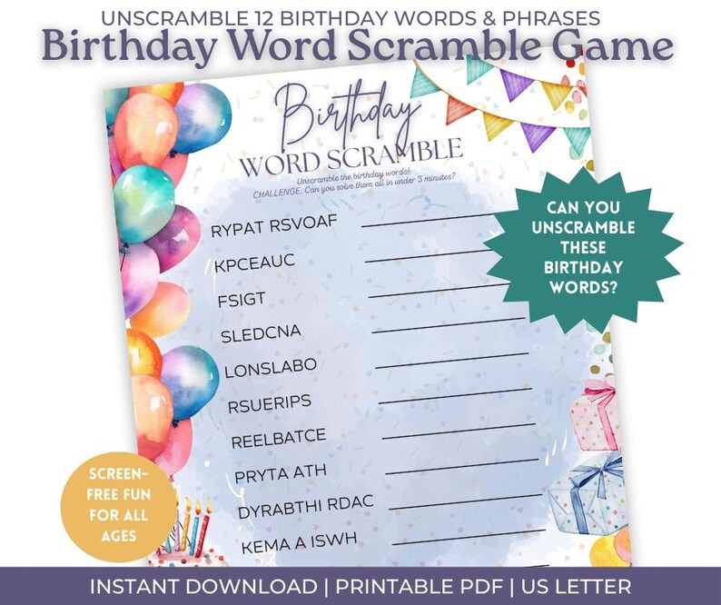 Birthday Word Scramble Game | Printable Party Activity for Kids ...