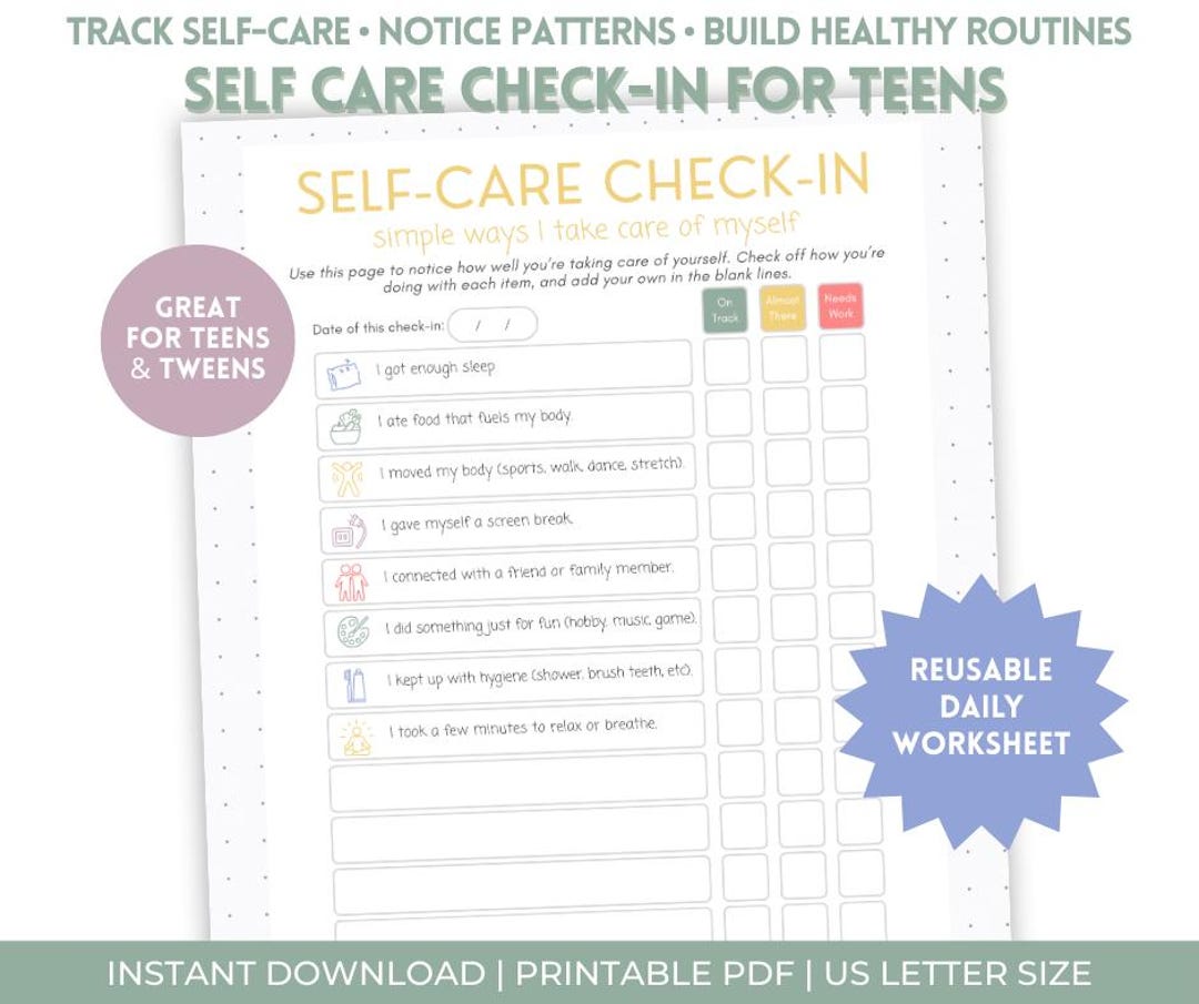 Self-care Check-in for Teens | Daily Self Care Tracker Printable ...