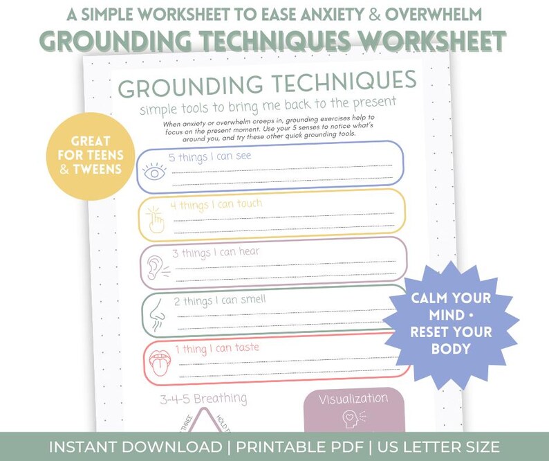 Grounding Techniques Worksheet for Anxiety | 5 Senses Coping Skills ...