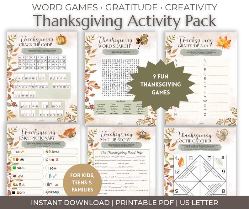 Thanksgiving Activity Pack | 9 Printable Games for Kids & Teens | Word ...