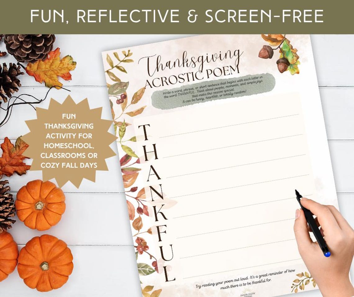 Thanksgiving Acrostic Poem Printable | Gratitude Writing Activity for ...